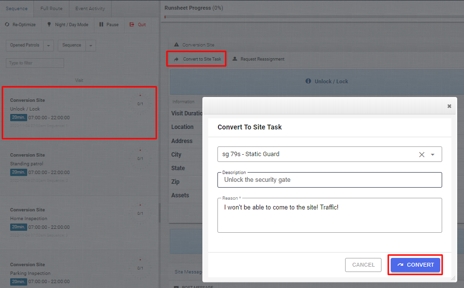 Convert a runsheet event to a site task from Mobile dispatch – TrackTik Help Center